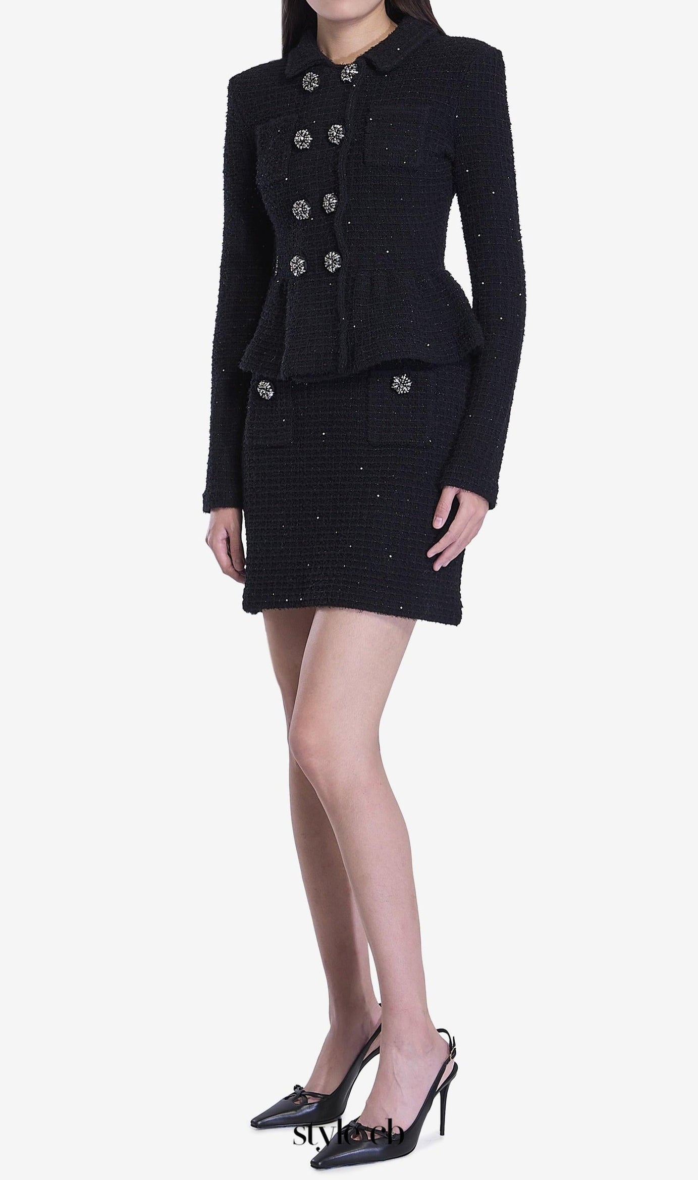 Textured knit jacket skirt suit in black – AIIZIE