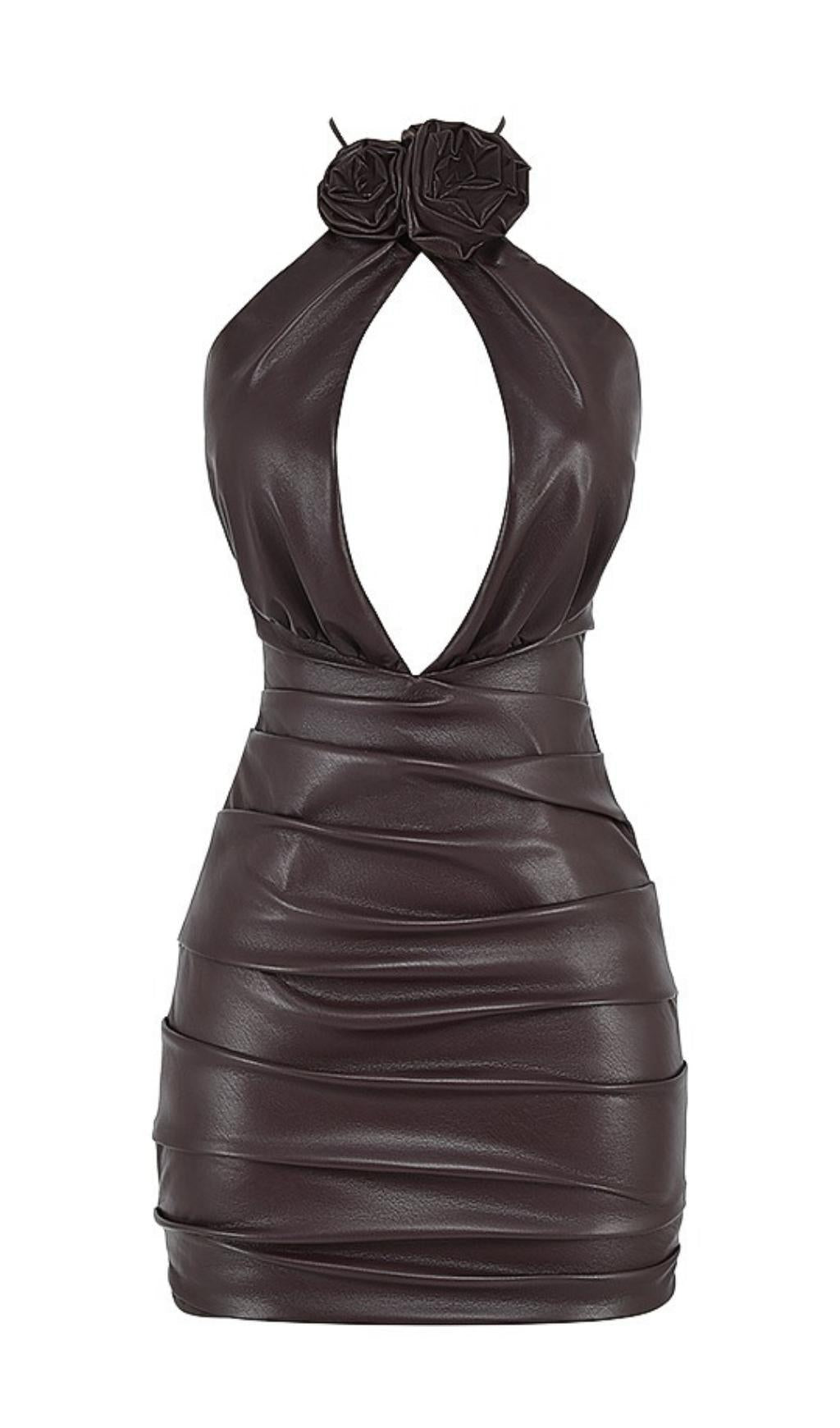 CUT OUT HALTER MINI DRESS IN CHOCOLATE – AIIZIE