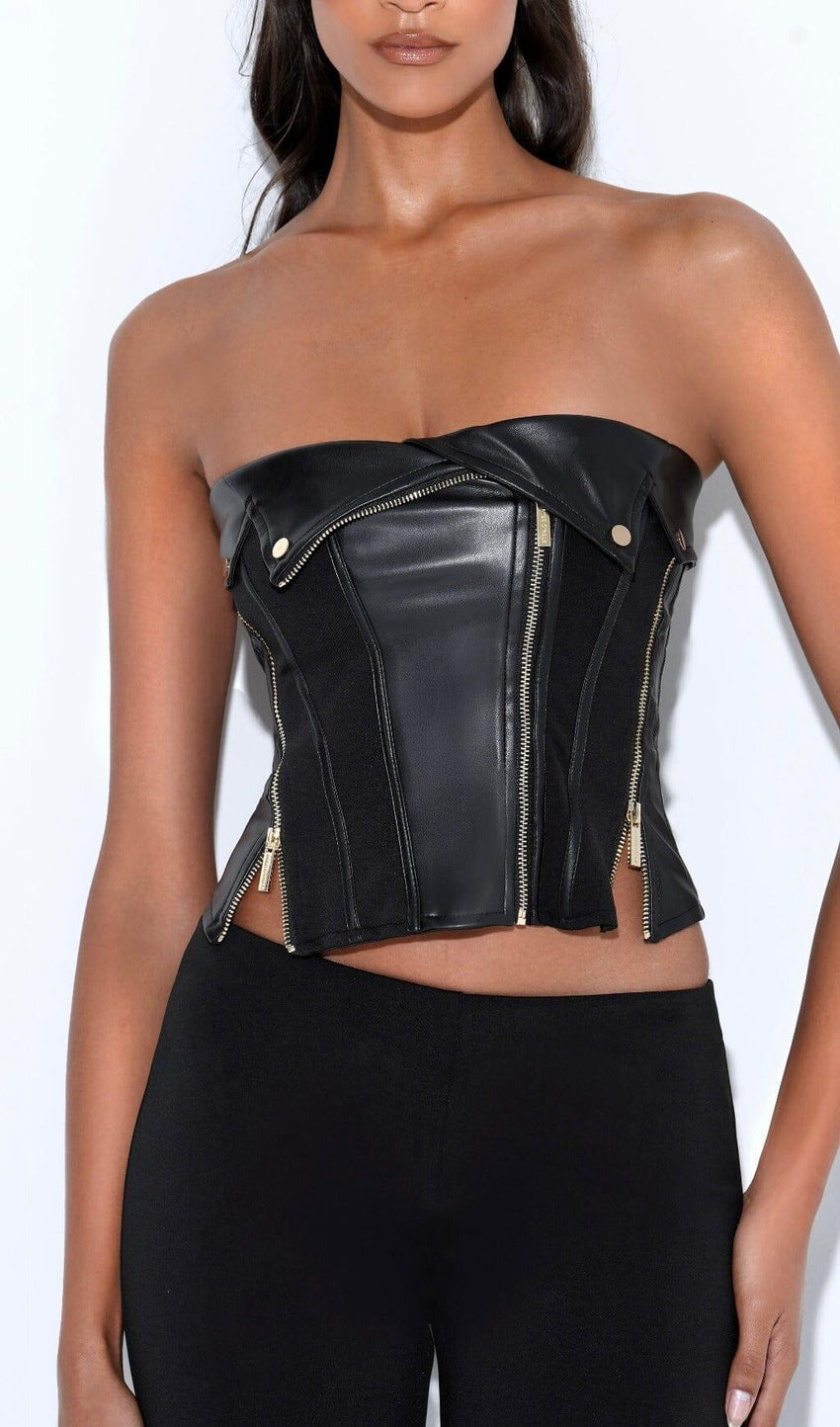 MERLINA BLACK VEGAN LEATHER BUSTIER TOP – AIIZIE