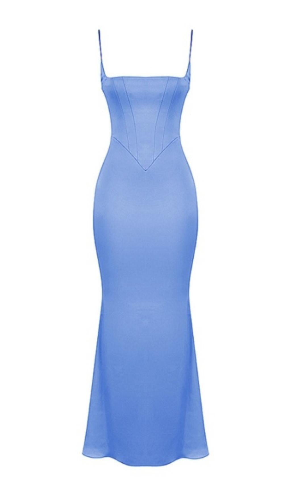 SATIN FISHBONE MAXI DRESS IN BLUE – AIIZIE