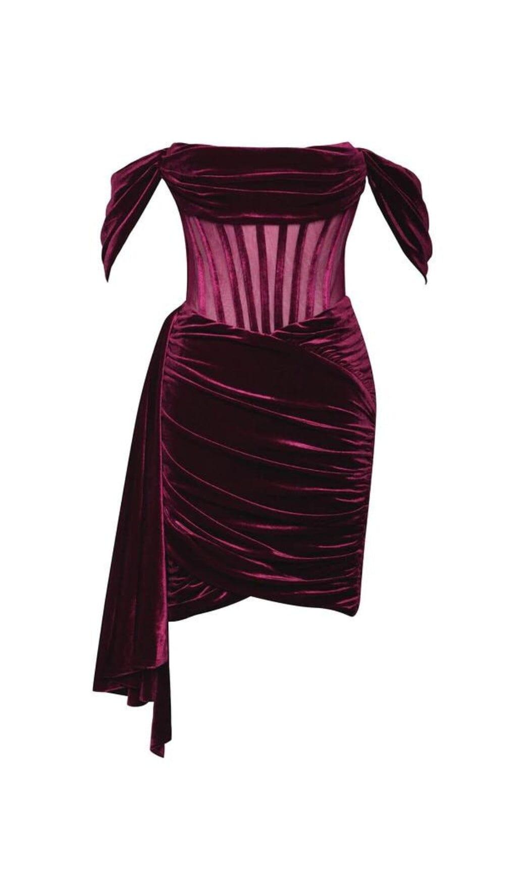 IRISA BURGUNDY DRAPING OFF SHOULDER CORSET DRESS – AIIZIE