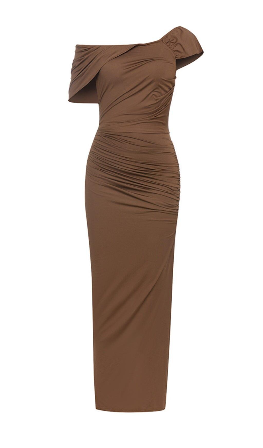 BROWN ONE-SHOULDER HIP-HUGGING DRESS – AIIZIE