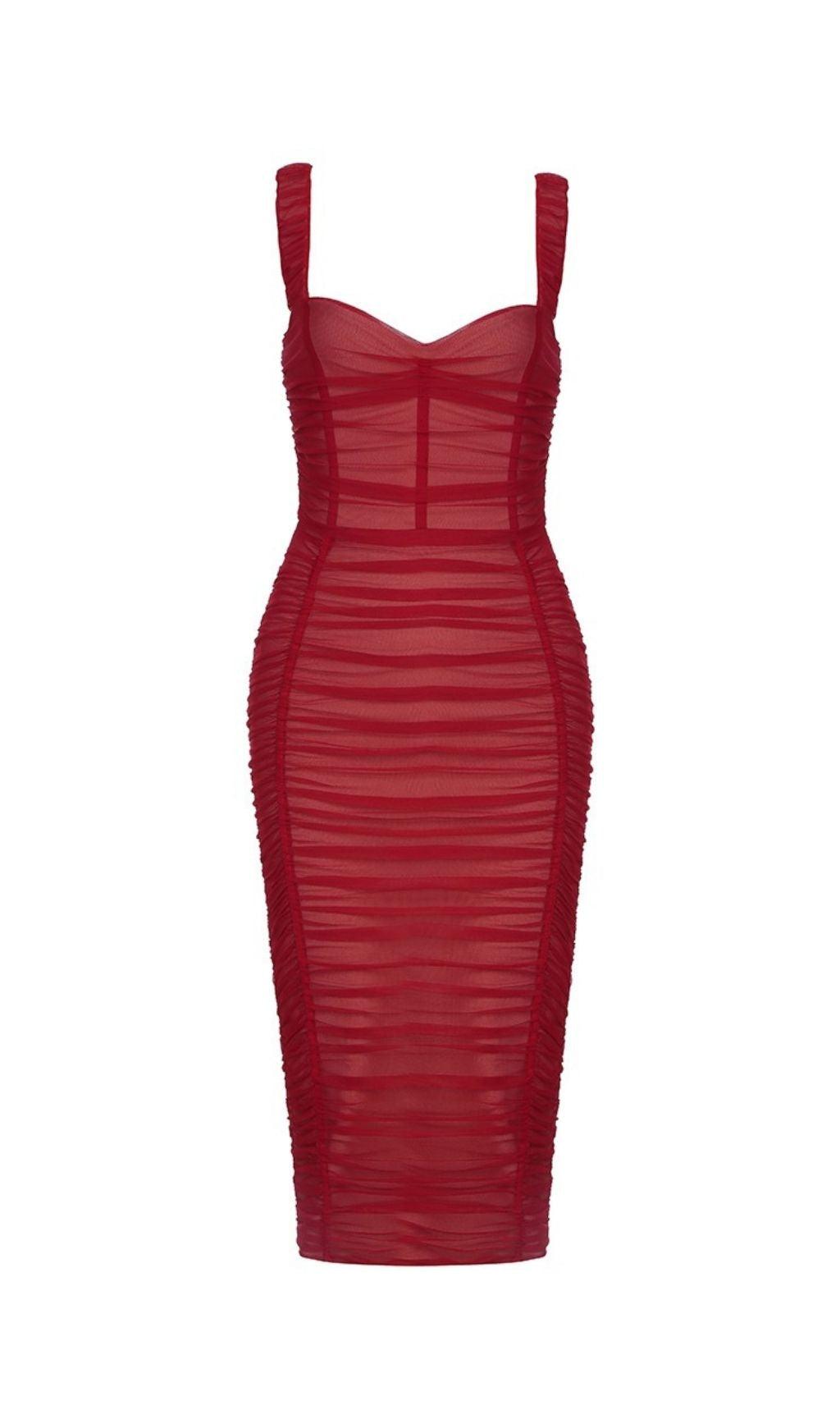 RED RUCHED BANDAGE MIDI DRESS – AIIZIE