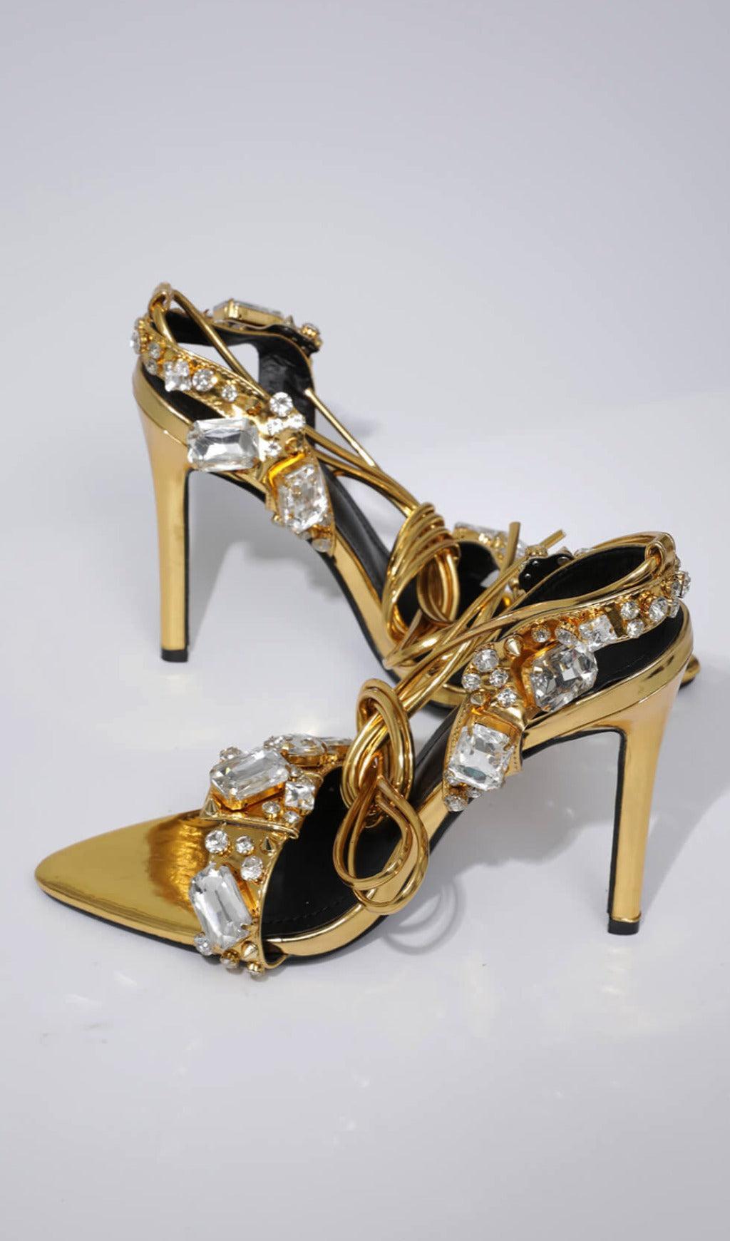 CRYTAL LACE UP HEELS IN GOLD – AIIZIE