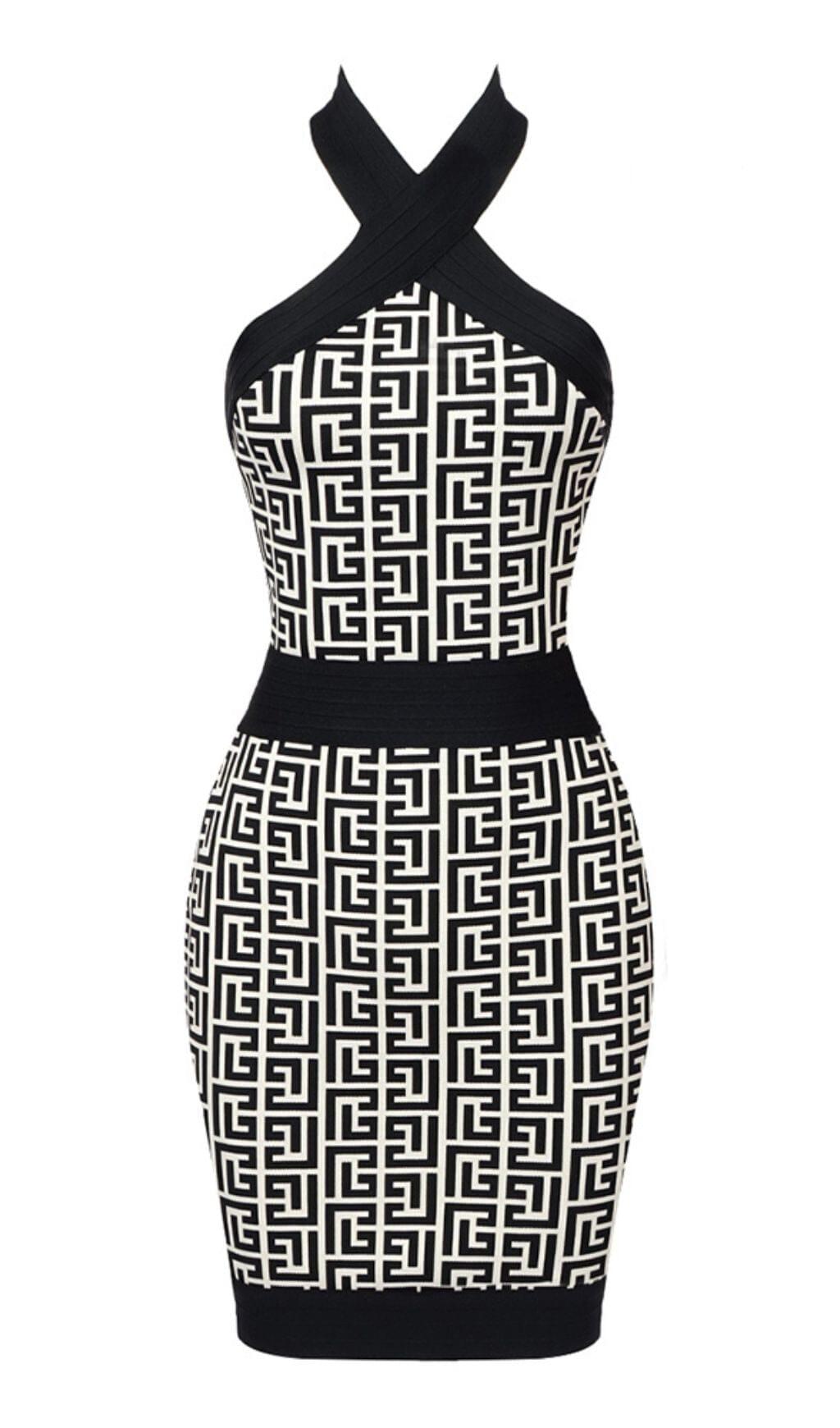 HALTER MONOGRAM MINI DRESS IN MIXED COLOURS – AIIZIE