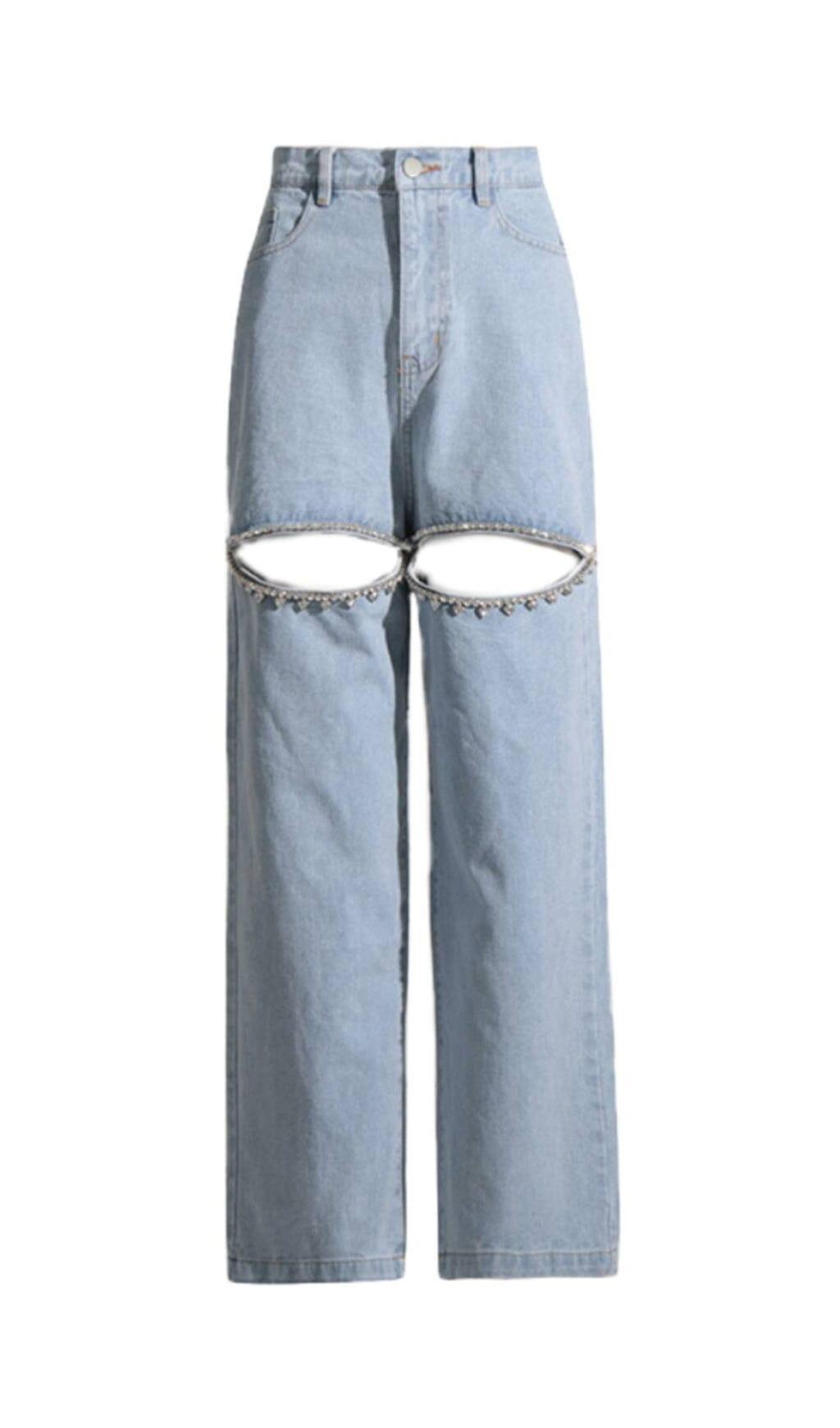 EMBELLISHED CUTOUT DENIM PANTS – AIIZIE