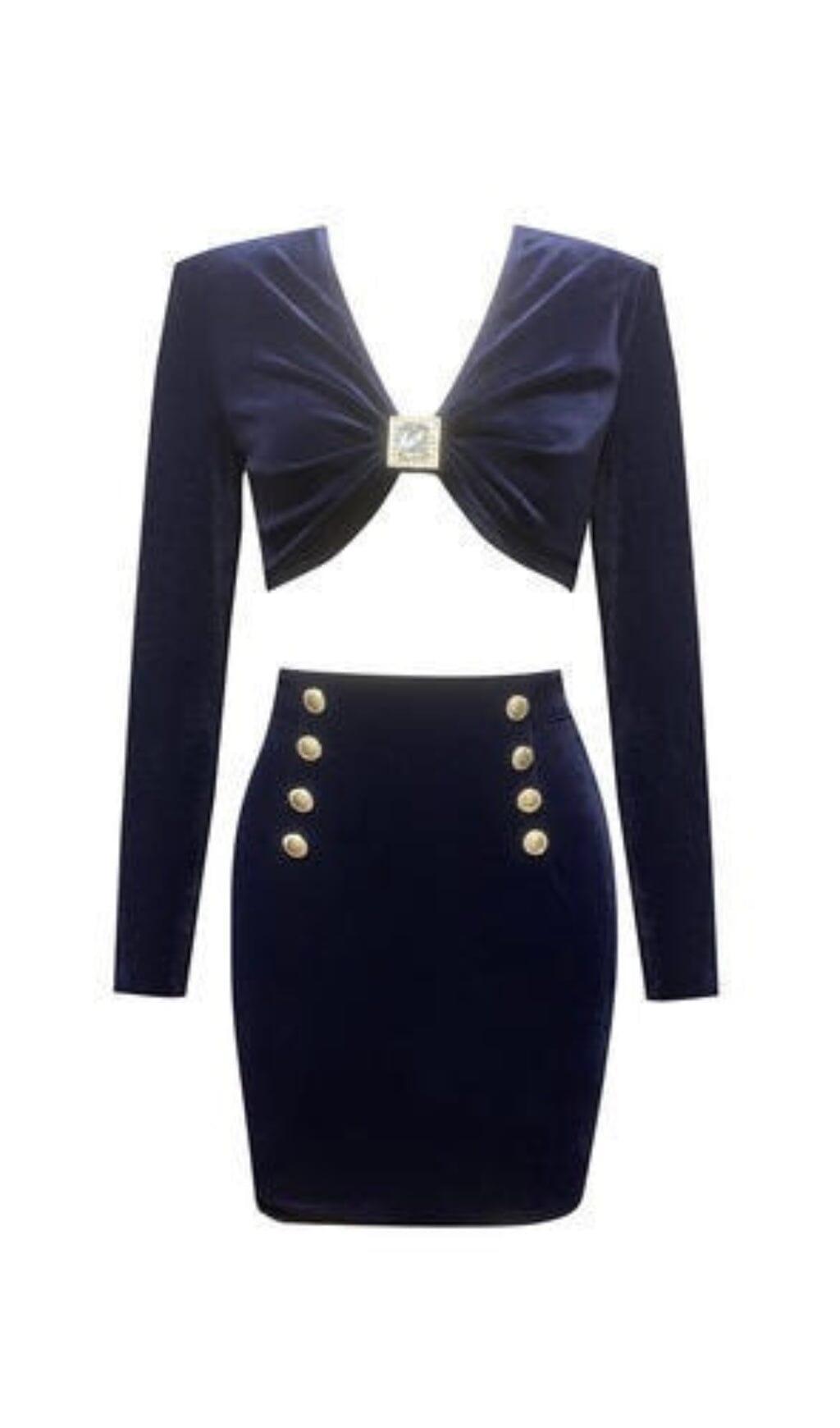 VELVET METAL BUCKLE SEXY TWO PIECES SUIT IN NAVY – AIIZIE