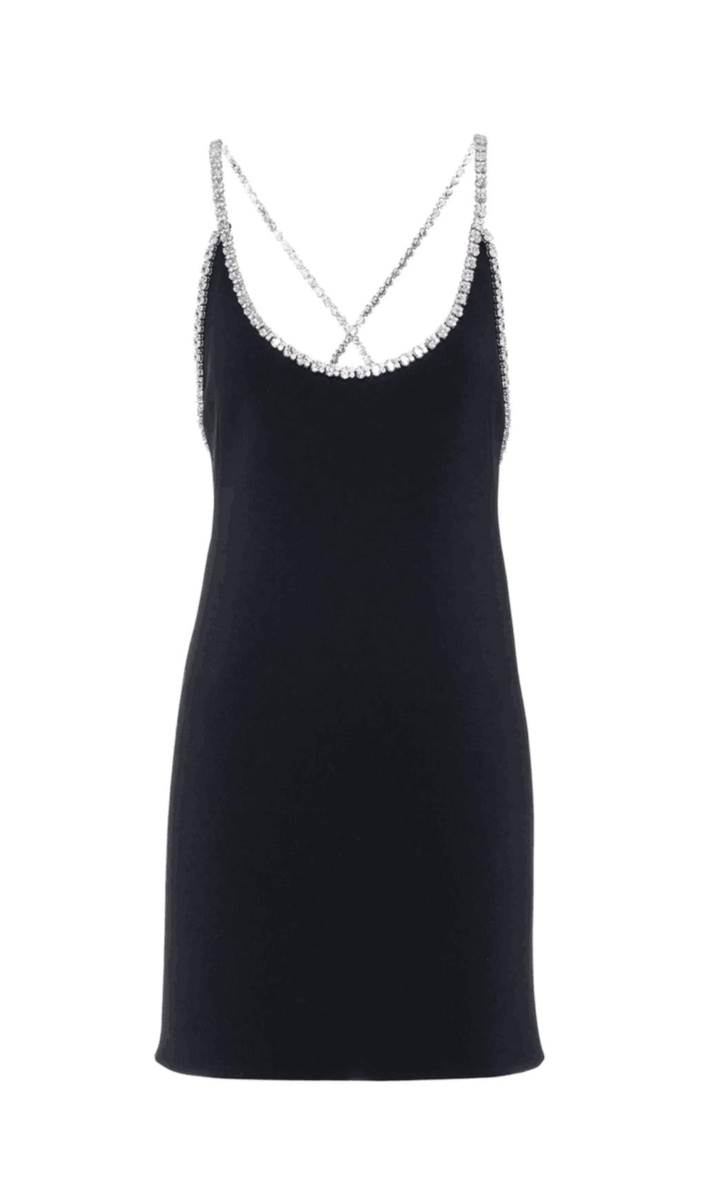 DIAMOND-TRIMMED SUSPENDER MINI DRESS IN BLACK – AIIZIE